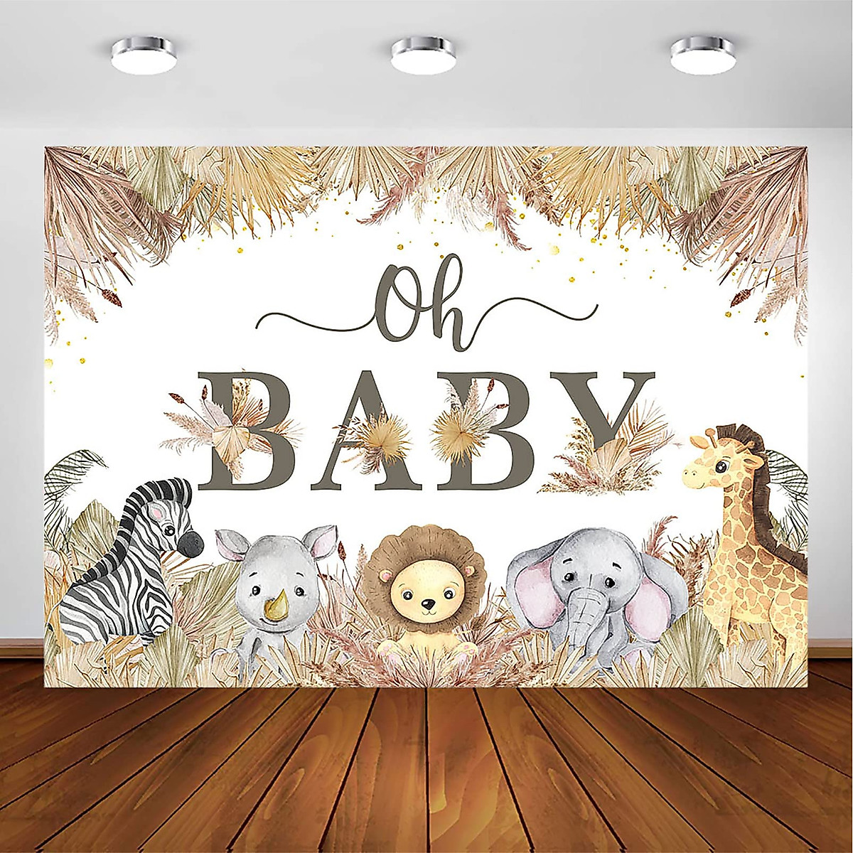 Avezano Boho Oh Baby Backdrop for Safari Baby Shower Decoration Background Pampas Grass Baby Jungle Animals Shower Gender Neutral Baby Shower Birthday Wild Party Supplies (7x5ft)
