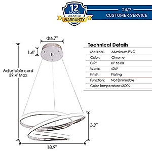 CHYING Modern Pendant Light with Irregular Ring Lights 40W LED Adjustable Chandelier 39.4 inch Ceiling Light Fixture for Dining Room Bedroom Living Room 39.4in Chrome