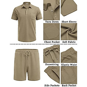 COOFANDY Men's Waffle Knit Polo Shirt and Shorts Set 2 Pieces Outfits Summer Suit Casual Tracksuit with Pockets