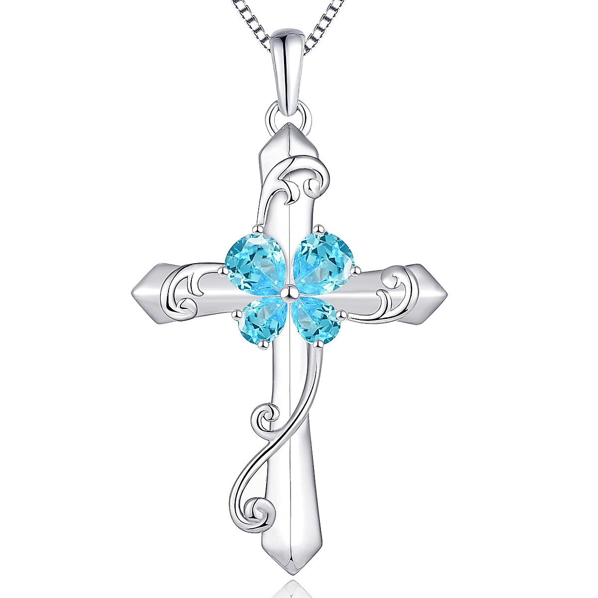 YL Women's Butterfly Cross Necklace Sterling Silver Created Aquamarine Leaves Pendant Crucifix Jewelry for Women