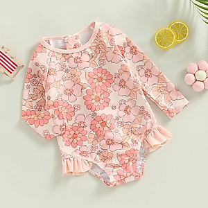 MERSARIPHY Toddler Baby Girl One-Piece Swimsuit Long Sleeve Swimsuit Girls Bathing Suit Rash Guard (6-12 Months, Pink C)