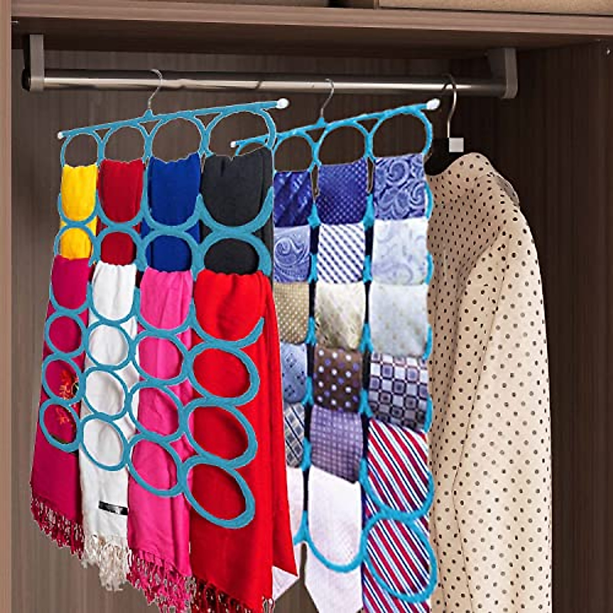 Scarf Hanger ~ Multiple Purpose Holder for Closet ~ Clutter Removing and Space-Saving Hanger for Scarves, Shawl, Belts & Accessories ~ Scarf Hanger 28 Rings (Sky Blue)