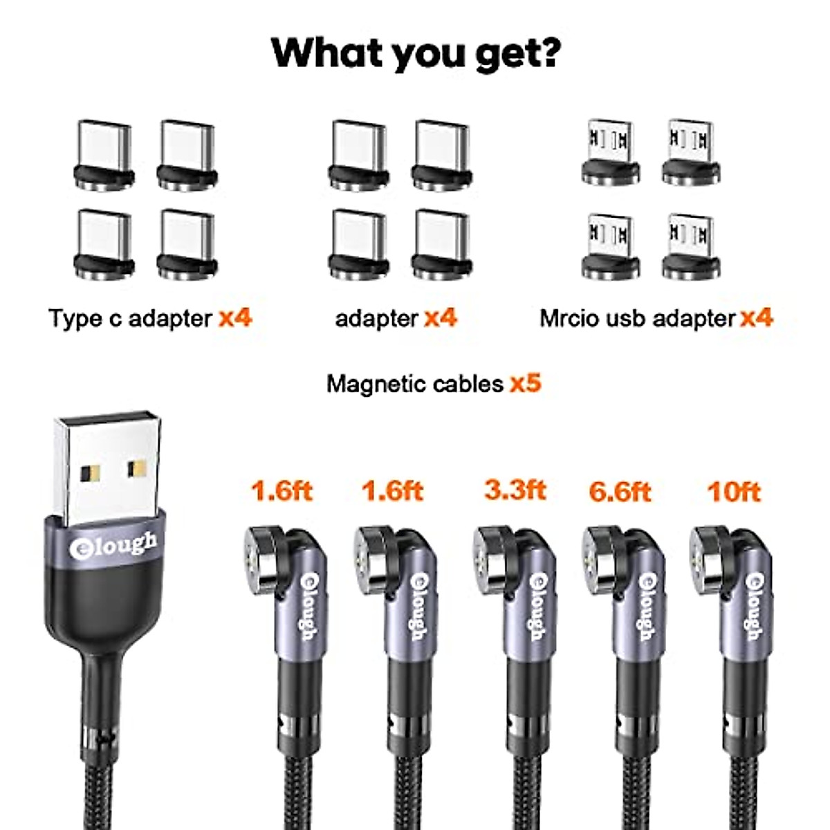 Magnetic Charging Cable 5-Pack (1.6/3.3/3.3/6.6/10FT) - 540° Rotating 3 in 1 Magnetic Phone Charger Cable with LED Light - 90° Angle Connector, Compatible with Micro USB, Type C Smartphone (Black)