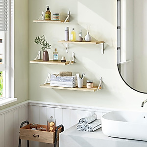 YGEOMER Floating Shelves for Wall, Natural Wood Wall Shelves Different Sizes, Wall Mounted Wood Shelf for Living Room, Bathroom, Bedroom, Kitchen, Home Decor (Set of 4)