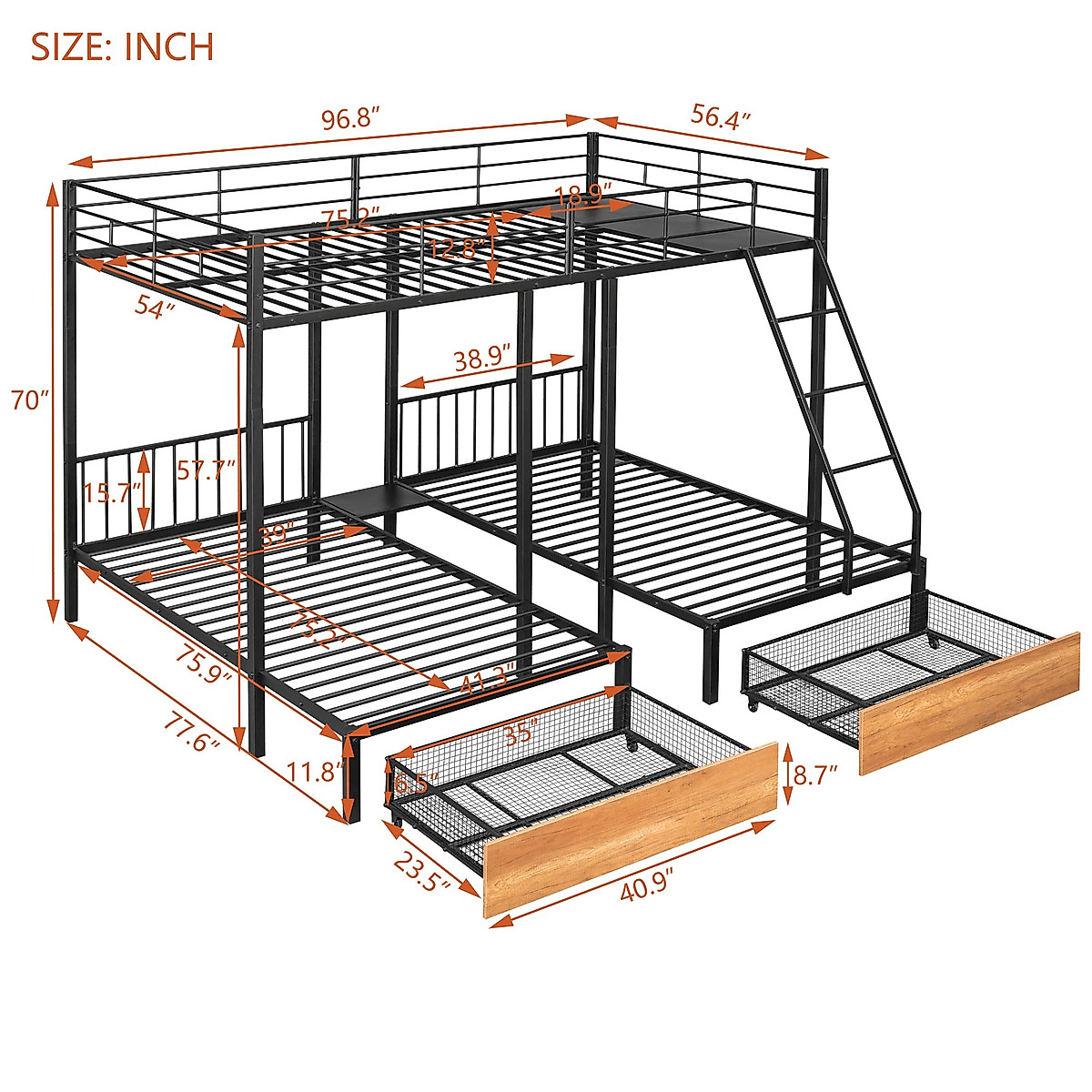 Triple Bunk Bed Metal Full Over Two Twin Beds with Storage Drawers and Shelf Detachable 3 Bed Bunk Bed Frame with Ladder for Kids Boys Girls Teens, Can Bed Divided into Three Separate Beds, Black