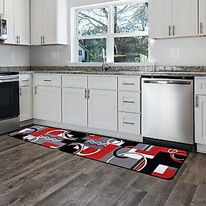 Red Black Grey White Kitchen Rug Set of 2, Modern Abstract Kitchen Floor Mat Rugs Carpet- Geometric Black White Red Kitchen Decor and Accessories Home Decoration- 17x30 and 17x47 Inch