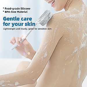 HEDONLEE Silicone Back Scrubber for Shower, Silicone Body Scrubber, Silicone Bath Body Brush with Long Handle and Hook, Dual-Sided Shower Brush for Men and Women (Blue)