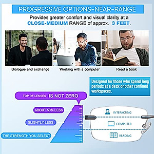 Missfive Premium Aluminum Progressive Multifocus Reading Glasses Men Blue Light Blocking, No-Line Spring Hinge Rimless Office Multifocal Metal Readers, Workspace for Mid-Near Range(3.0x, Gunmetal)