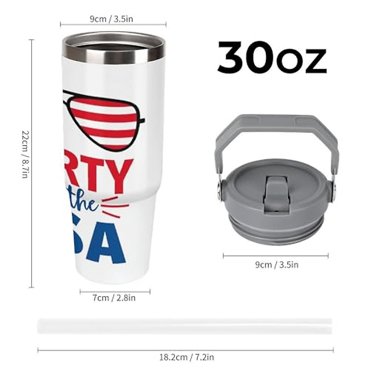 Party in The USA Sunglasses Patriotic 30 OZ Insulated Tumblers with Handle And Straw Leakproof Vacuum Insulated Stainless Steel Water Bottle for Car Fishing Travel