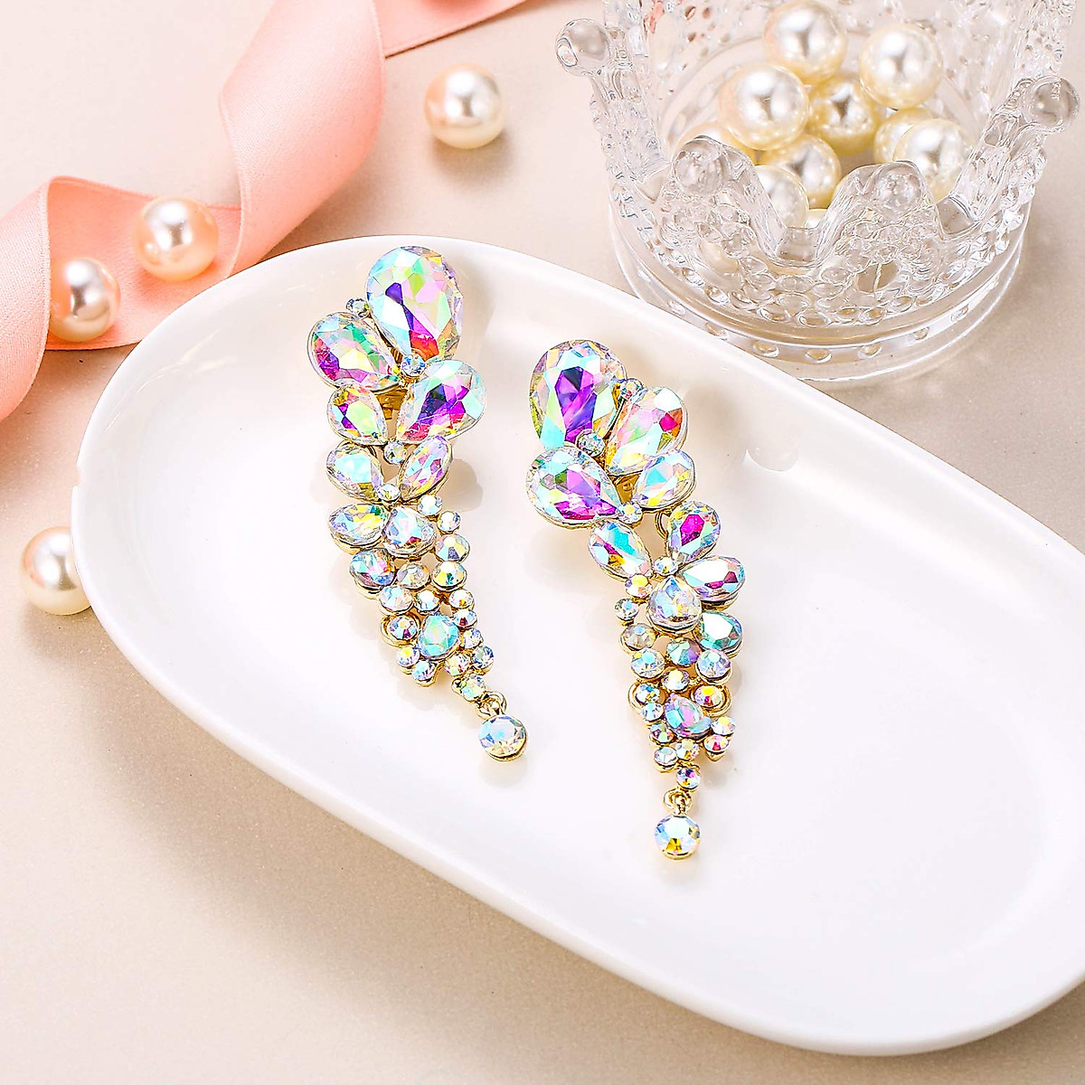 EVER FAITH Women's Austrian Crystal Tear Drop Clip-on Dangle Earrings Iridescent Clear AB Gold-Tone