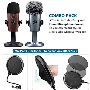 Yeti Nano Pop Filter, Mic Cover Compatible with Blue Yeti Nano,ChromLives 3 in 1 Mic Windscreen Foam Cover + Mic Furry Wind Cover + Dual Layered Noise Reduction Pop Filter for Yeti Nano,Combo 3 Pack