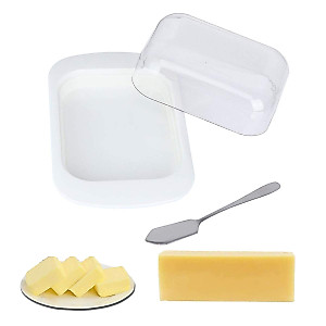 lnndong-White Plastic Butter Plate With Cover, Machine Washable, Including Butter Knife, Durable, Good Sealing, Butter Dish With Lid And Knife, Butter Dish (White Set)
