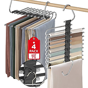 Upgrade 9 Layers Pant Hangers Space Saving, Non Slip Stainless Steel Multifunctional Pants Rack S-Type Clothes Pant Closet Hanger Organizer with Hooks for Pants Jeans Trousers Scarf (4 Pack, Black)