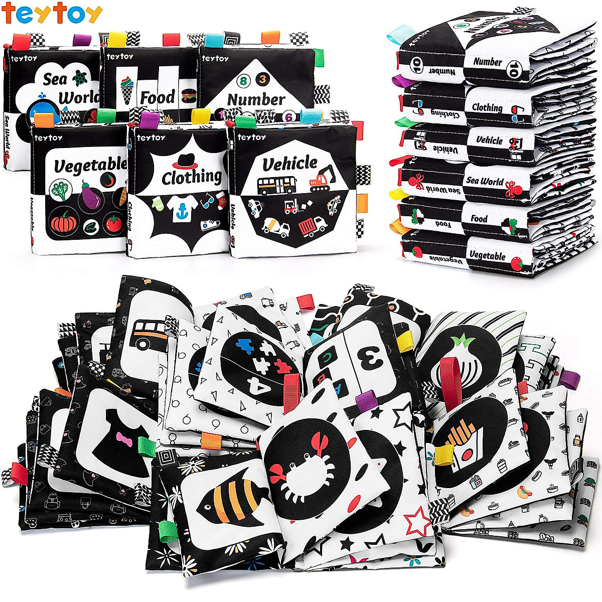 teytoy Baby Soft Cloth Book Set 6 PCS, Black and White High Contrast Baby Activity Crinkle Books for 0 3 6 9 12 Months Newborn Infants Babies Boys and Girls Early Educational Learning Toys