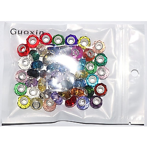 Guoxin Large Hole Glass Beads Murano Glass Beads Assorted Faceted European Lampwork Spacer Loose Bracelets Beads Silver Plated Cores Charms for DIY Crafts Jewelry Making 50 Pcs Mixed