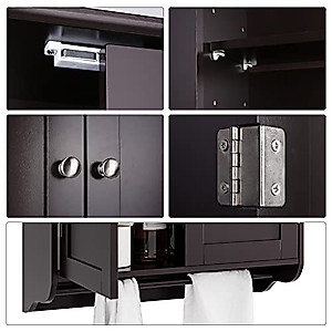 FOTOSOK Bathroom Wall Cabinet with 2 Doors and Adjustable Shelf, 23.6"x24.2" Medicine Cabinet Above Toilet, Wall-Mounted Bathroom Storage Cabinets with a Towel Bar for Bedroom, Kitchen, Dark Brown