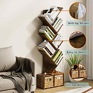 Vagusicc Tree Bookshelf, 6 Tier Bookshelf with Storage, Tall Narrow Bookcase, Rustic Wood Book Storage Rack for CDs/Books, Small Book Organizer Shelves for Bedroom, Living Room, Home Office, Brown