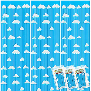 XunYee 3 Pack Blue Sky White Clouds Birthday Party Supplies, Clouds Theme Tinsel Foil Fringe Curtains Toy Party Supplies, Cartoon Story Backdrop for Baby Shower Birthday Party Decorations