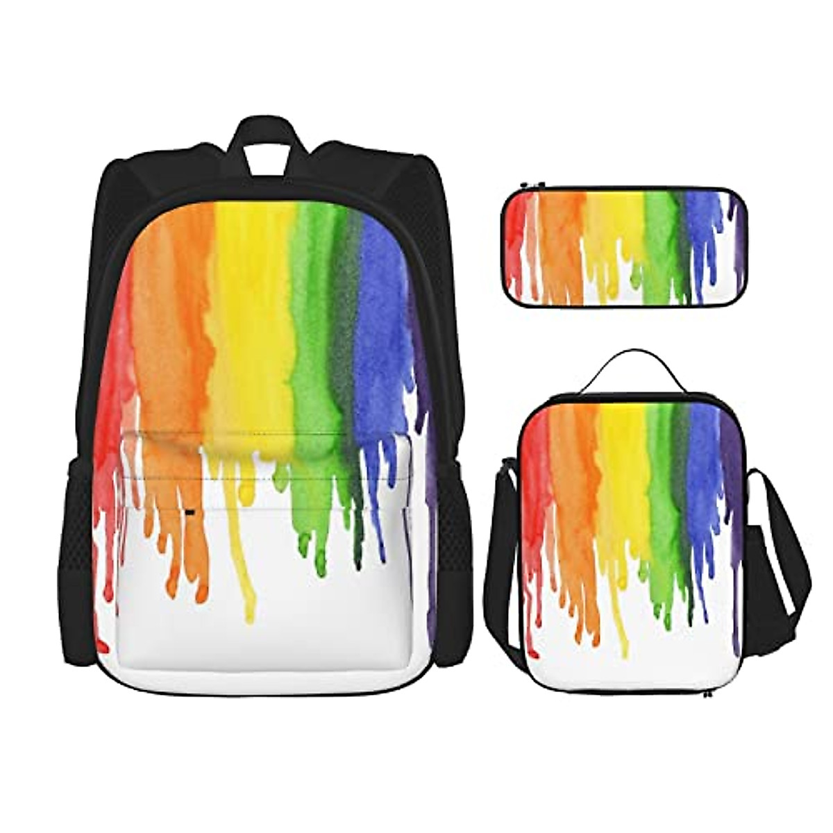 3 Piece Set Backpacks Colorful Love Watercolor Iridescent Gay Lesbian LGBT Yellow Backpack 3 Piece Set for Boys and Girls Cute Axolotl Fish backpack(School Bag + Pencil Case + Lunchbag Set)