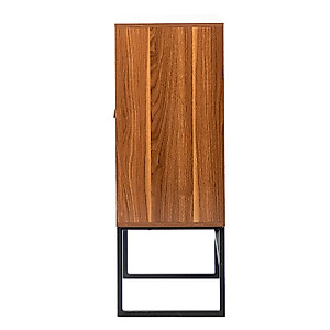 Voohek High 2 Rattan Doors, Interior Shelves and Black Metal Base, Sideboard w/Simulated Wood Patterns & Retro Knobs Elements On Surface Storage Cabinet, Walnut