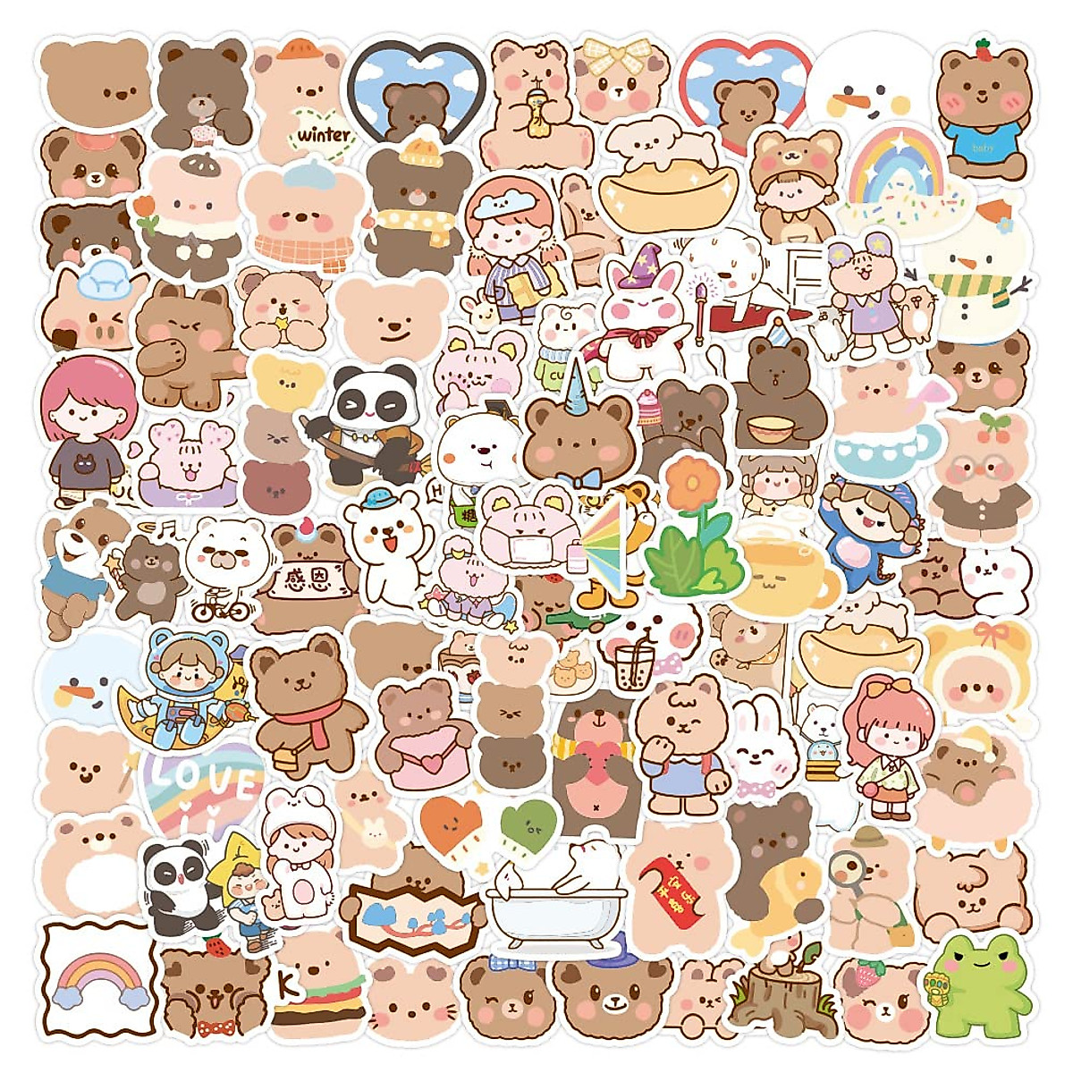 100 PCS Kawaii Bear Stickers Cute Animal Waterproof Stickers Korean Bear Stickers Kawaii Scrapbook Papers for Girls Teens Water Bottles Luggage Decoration