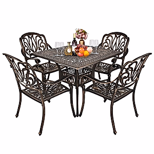VINGLI 5 Pieces Outdoor Patio Dining Set, Cast Aluminium Patio Furniture Set with 4 Chairs and 1 Umbrella Table for Yard, Garden, Porch and Poolside, Bronze (Square Table and Chairs)
