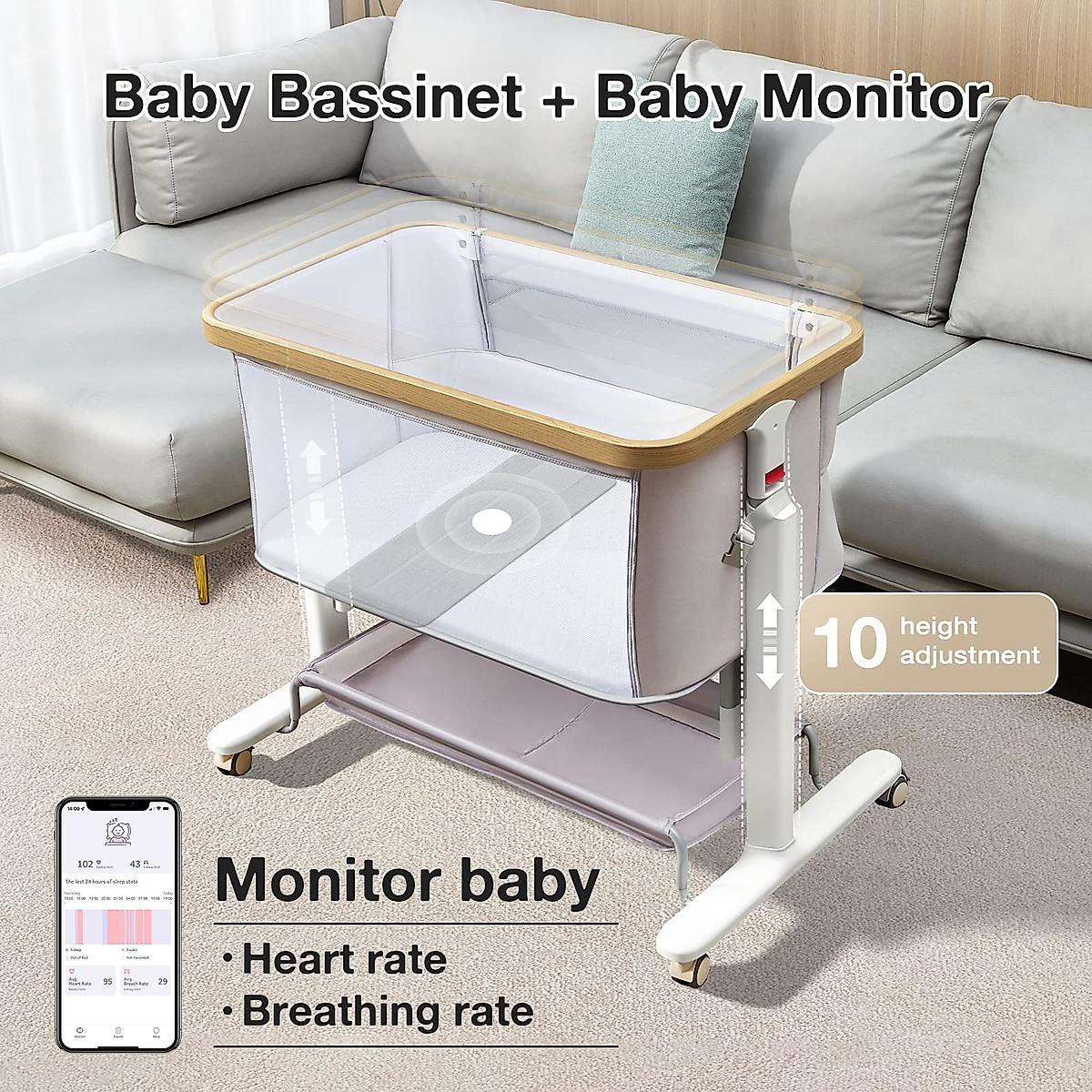 RONBEI Baby Bassinet with Breathing Baby Monitor, Bedside Sleeper with Storage Basket and Wheels, Easy Folding Bassinets for Baby and Monitor Baby Heart Rate Breathing Rate