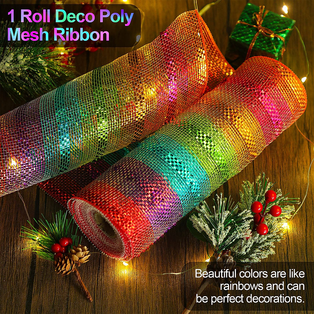 Christmas Deco Mesh Wreath Supplies Deco Mesh 10 Inch Ribbon Poly Mesh Ribbon Colorful Metallic Mesh Ribbon for Christmas Tree Party Wedding Garland,10 Inch x 30 Feet (2 Rolls)