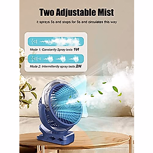 FRIZCOL Clip on Fan with Misting - 6000mAh Portable Fan with Light & Hook - Rechargeable Fan Battery Powered Up to 40 Hours Cooling & 2h Misting for Travel, Office, Desk
