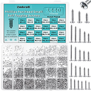 Zmbroll 1440Pcs Mini Screws Small Self Tapping Screws,Phillip Pan Head Micro Screws, Tiny Electronic Screws,M1 M1.2 M1.4 M1.7 M2 M2.3 Silver Screws 24 Size Assortment Screw kit