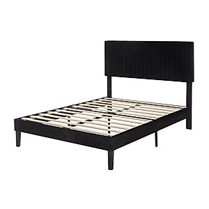 SHA CERLIN Queen Upholstered Platform Bed Frame with Adjustable Headboard/Vertical Channel Tufted Velvet Fabric/Wooden Slats Support/Mattress Foundation/Box Spring Optional/Black