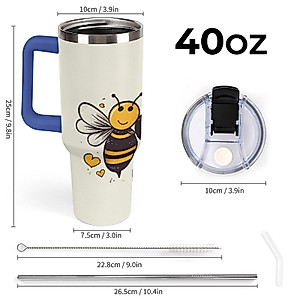 FHENMSA 40 Oz Insulated Coffee Mug Tumbler with Handle,Bee Love Honey Print Insulated Tumbler,Stainless Steel Travel Mug with Lid And Straw