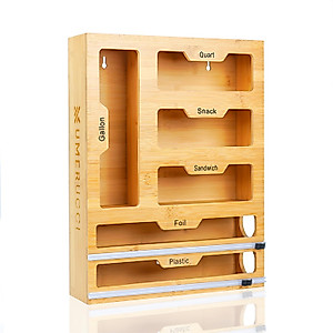 UMERUCCI Storage Bag Organizer Kitchen Drawer with Cutter for Foil and Plastic Wrap, Compatible with Gallon, Quart, Sandwich, Snack Bags, and 12" Aluminum Foil & Wax Paper