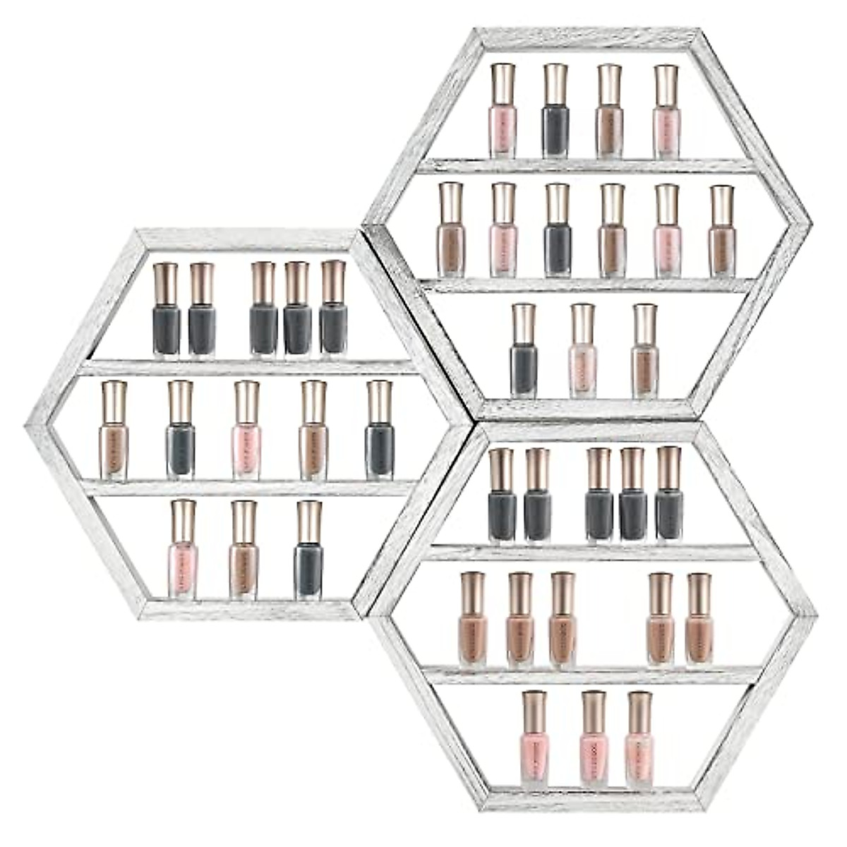 Essential Oils Storage Shelf Wall Mounted Rustic Nail Polish Rack Organizer Wood Farmhouse Hexagonal Floating Shelves for Bathroom Bedroom Living Room Office, Rustic White