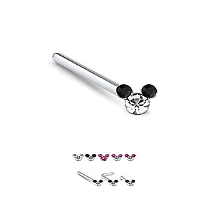 925 Sterling Silver L Bend Nose Stud Ring Mickey Mouse Black/Clear 22G