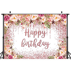 Wollmix Happy Birthday Banner Backdrop Decorations 7x5ft Party Sweet 16 Girls Women Pink Florals Glitter Rose Gold Dots Photography Background Supplies Photo Booth Studio Cake Table