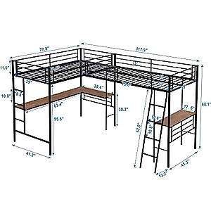 Morhome Metal Loft Bed with Two Built-in Desks, Twin Size L-Shaped Loft Bed with Full-Lenght Guardrail and Two Ladder, 2 Beds in 1 Corner Loft Bed for Kids Teens Adults, No Box Spring Needed
