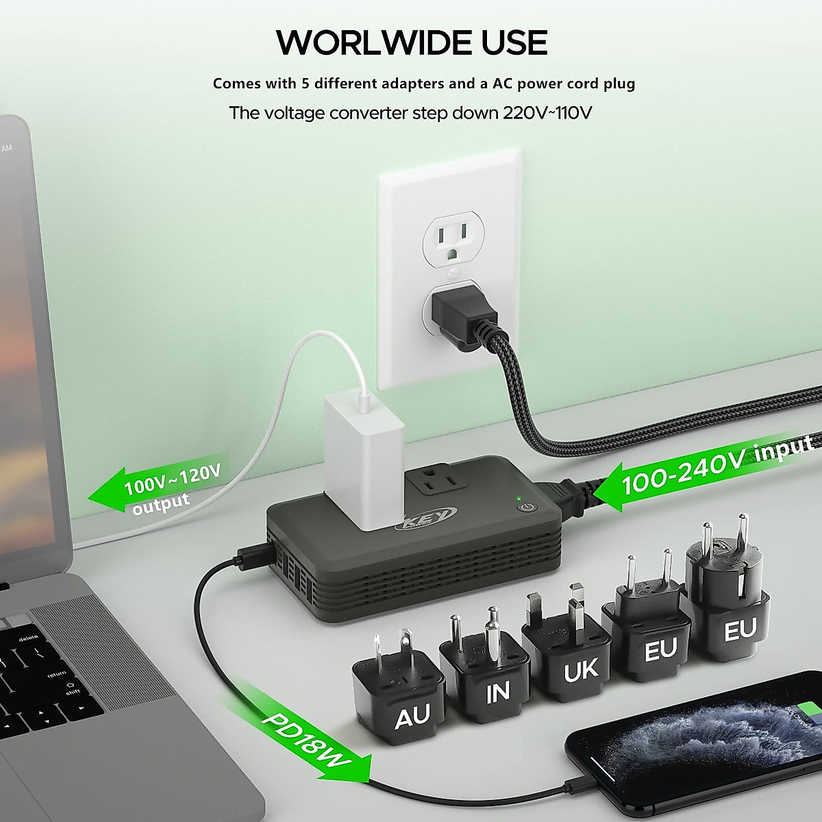 230w Voltage Converter 240V/220V to 120V/110V Key Power International Power Converter Travel Kit - Travel Adapter Use for USA Appliance Hair Straightener, Overseas in Europe, Australia, UK, Italy, etc