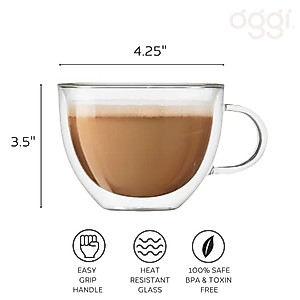 Oggi Set of 2 Double Wall Glass Coffee Cups - 16oz, Ultra Clear Borosilicate Glass Insulated Coffee Cup Set, Tea Cup Set, Cappuccino Cup Set, Latte Cup Set