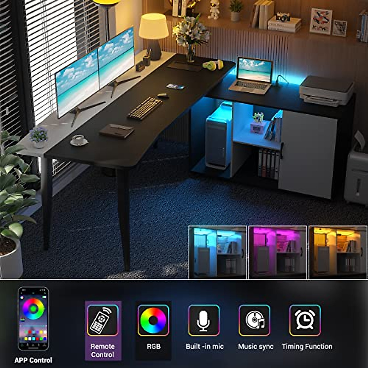 Unikito 55inch Computer Desk with Cabinet, Large Black L Desk with LED and Charging Station, Home Office Desk with Door and Storage, Office Desk with Power Outlet, Gaming White Desk PC Table