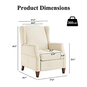 COLAMY Wingback Pushback Recliner Chair with Storage Pocket, Upholstered Fabric Living Room Chair Armchair with Wood Legs and Nailhead Trim, Beige