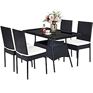 Tangkula 5 Piece Wicker Patio Dining Set, Outdoor Rattan Table & Chairs Set with Tempered Glass Top & Padded Cushions, Patio Furniture Dining Table Set for Balcony Patio Garden Poolside