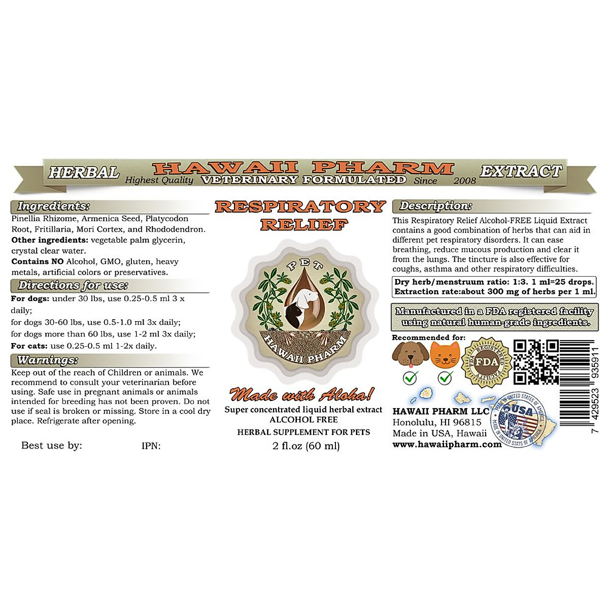 HawaiiPharm Respiratory Relief, Veterinary Natural Alcohol-Free Liquid Extract, Pet Herbal Supplement 2 oz