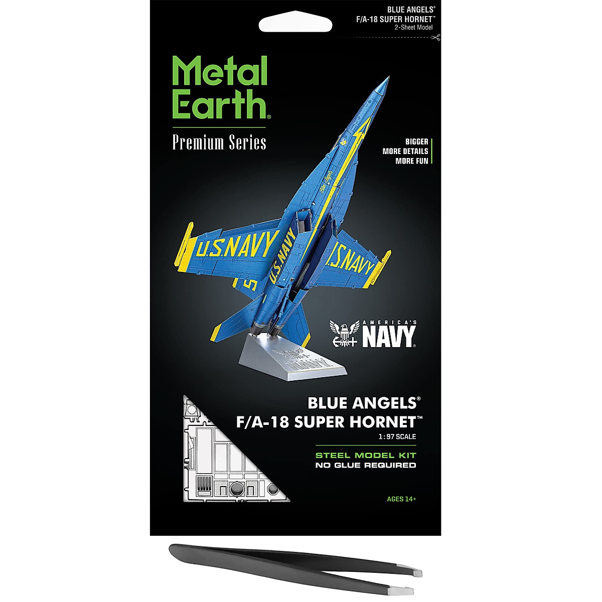 Fascinations Metal Earth Premium Series Blue Angels F/A-18 Super Hornet 3D Metal Model Kit Bundle with Tweezers