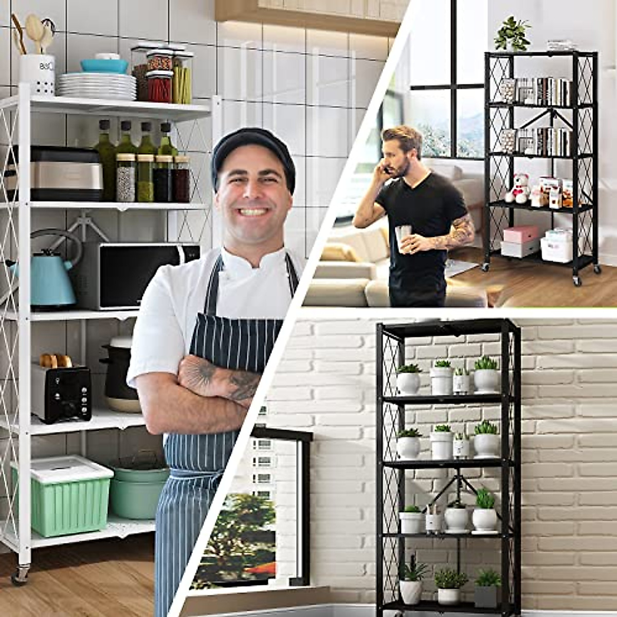 Mochubang Foldable Storage Shelves Unit, 5-Tier Folding Shelf Steel Shelving Rack Organizer Cart with Rolling Wheels for Mobile in Kitchen, Warehouse, Closet, Patio, Pantry Organization (White)