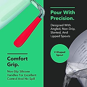 Vremi 3 Piece Plastic Measuring Cups Set - BPA Free Liquid Nesting Stackable Measuring Cups with Spout and Decorative Red Blue and Green Handles - includes 1, 2 and 4 Cup with Ml and Oz Measurement