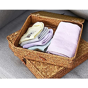 Flat Seagrass Storage Bins with Lid, Wicker Basket for Shelf Organize, Set of 2 (Small+Large)