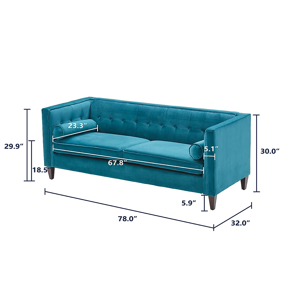 Dreamsir 78'' W Velvet Sofa, Mid-Century Love Seats Sofa Furniture with Bolster Pillows, Button Tufted Couch for Living Room, Tool-Free Assembly (Sofa, Peacock Blue)