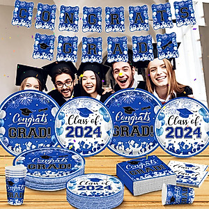 Graduation Plates and Napkins 2024 Graduation Decorations Class of 2024 Blue Silver Graduation Party Supplies Cups Tablecloth Banner Dineware for Congrats Grad Party Decorations Serve 25
