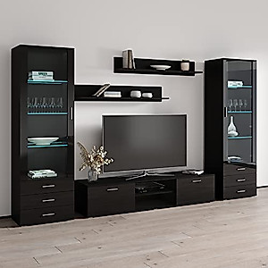MEBLE FURNITURE & RUGS SOHO 4 Modern Wall Unit with 16 Colors LED Lights (Black)